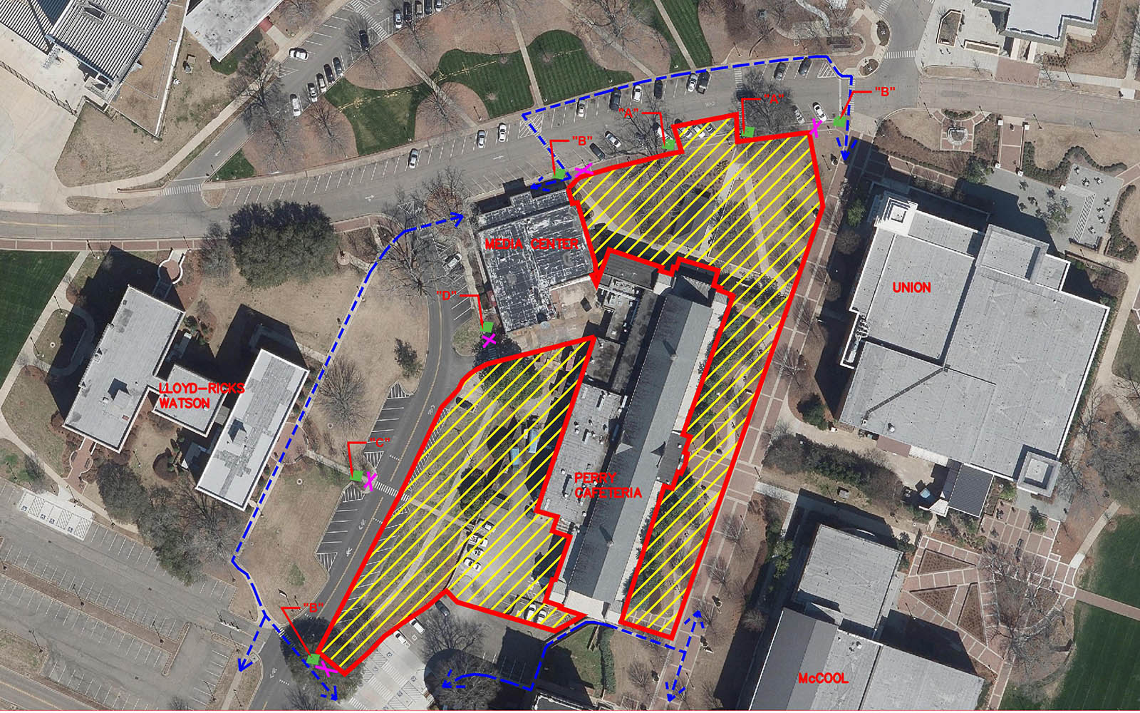 Perry Cafeteria, area infrastructure closing for construction ...