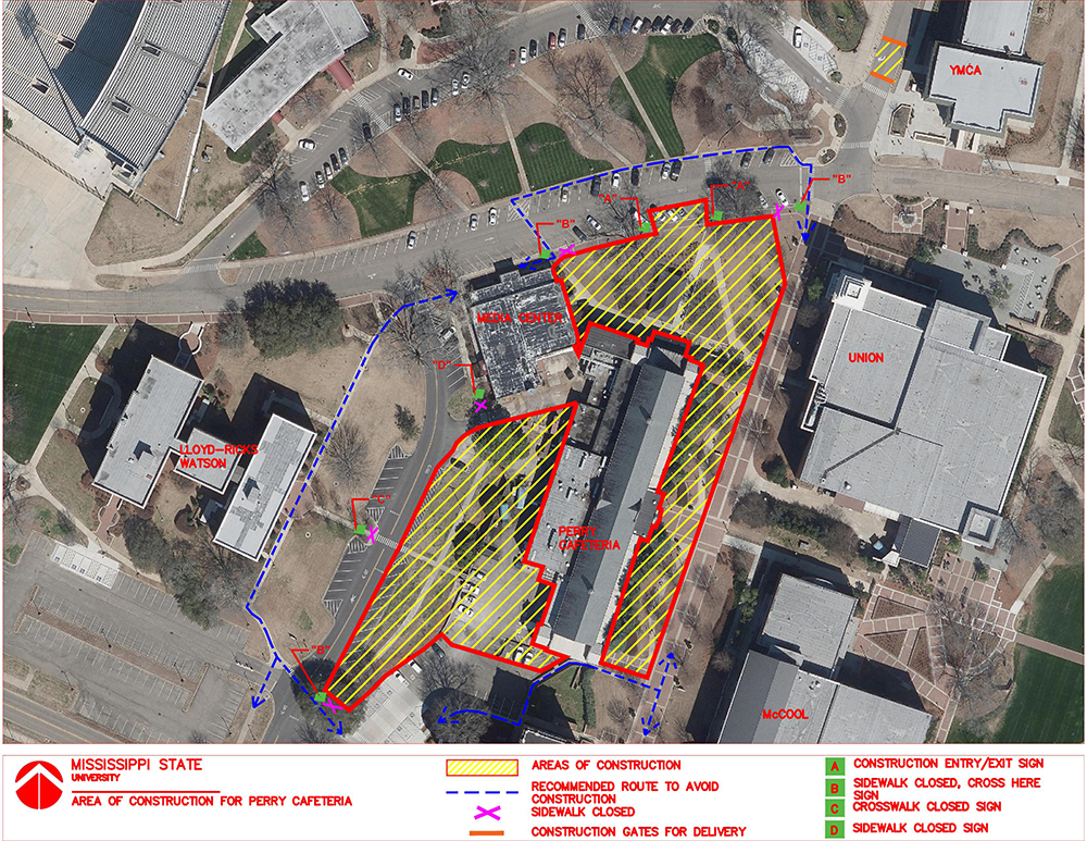 Perry Cafeteria, area infrastructure closing for construction ...